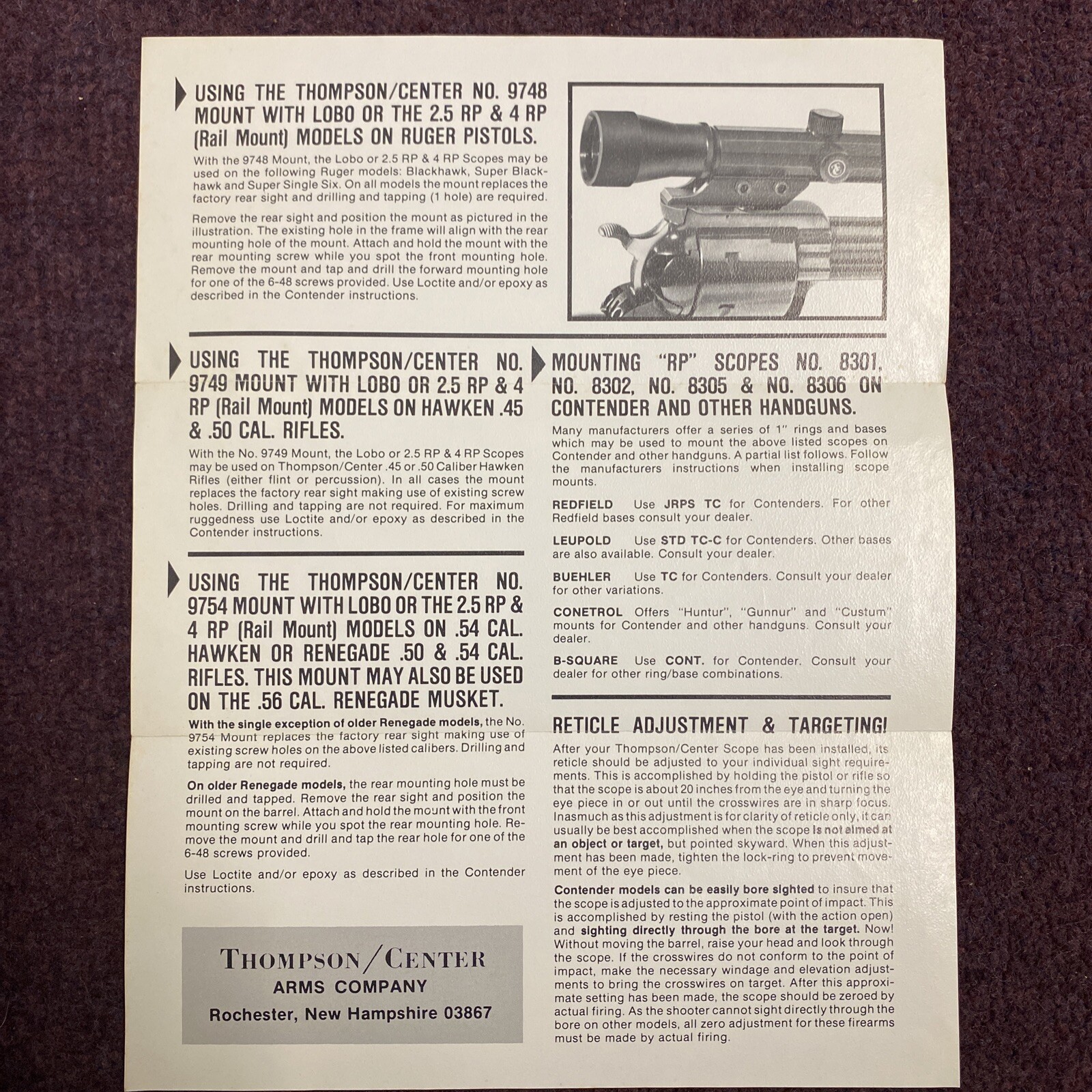 Thompson/Center Arms LOBO Recoil Proof Instruction Sheet Handgun Scopes ...
