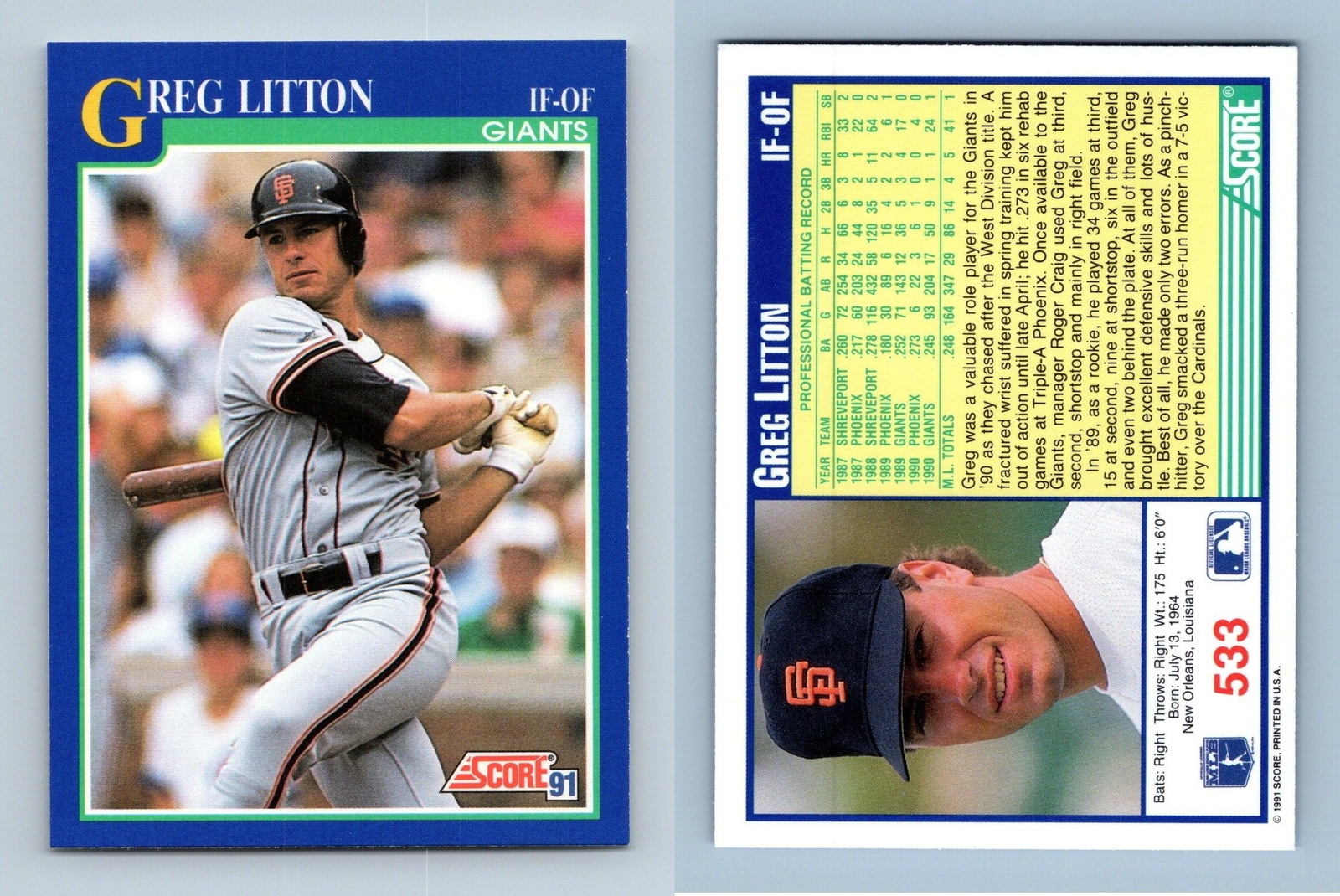 Greg Litton - Giants #533 Score 1991 Baseball Trading Card | eBay