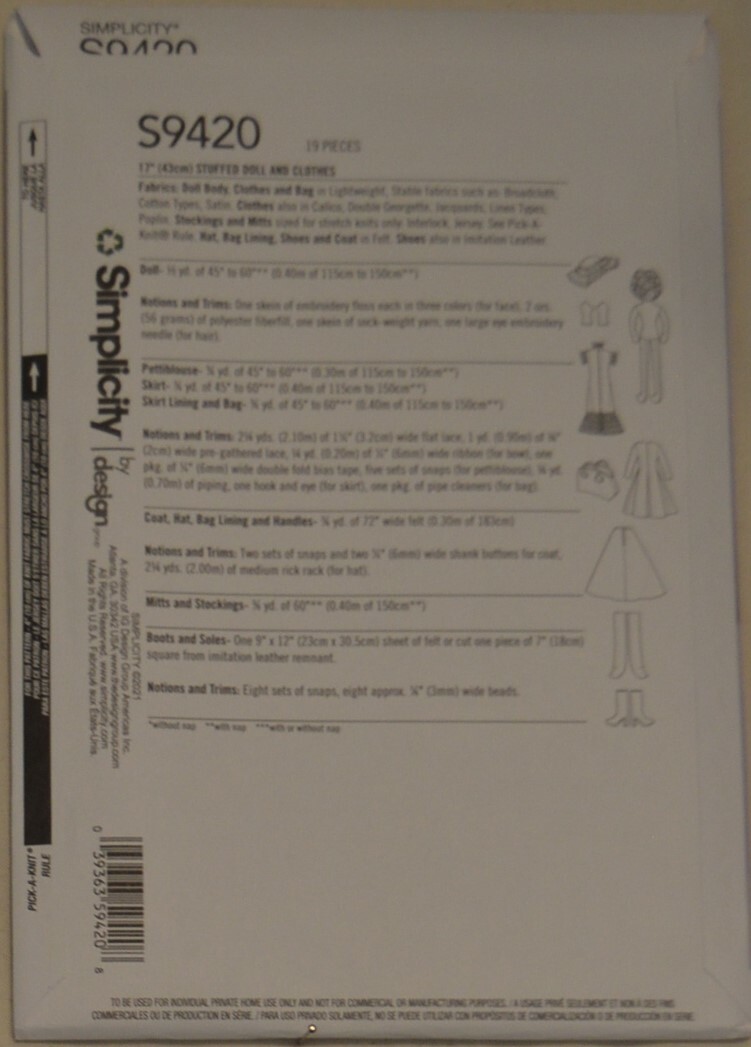 Simplicity Pattern S9420 17" Stuffed Doll and Clothes English Nanny for ...