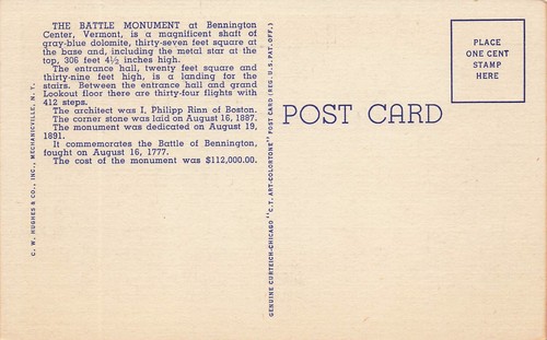 Postcard Battle Monument And Col.Seth Warner Bennington VT. 773 | eBay