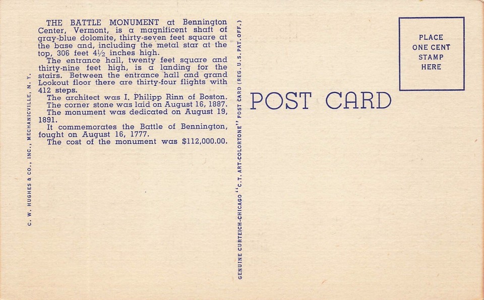 Postcard Battle Monument And Col.Seth Warner Bennington VT. 773 | eBay