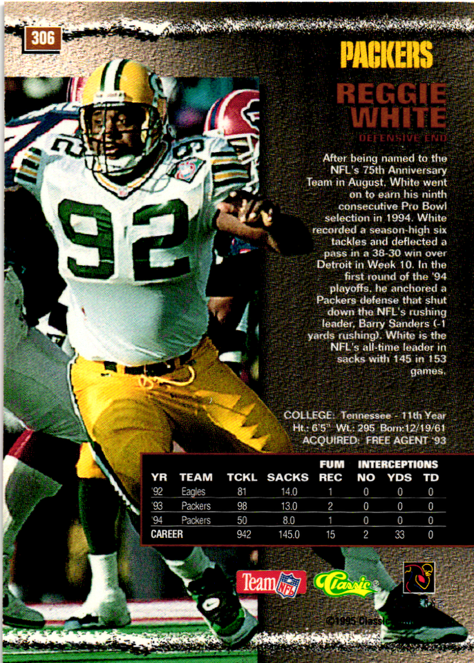 1995 Classic Pro Line Reggie White Football Card #306 | eBay