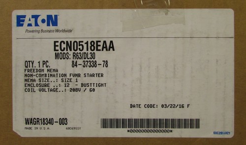 EATON CUTLER HAMMER ECN0518EAA 208V AN19DN0 Size 1 Starter Nema 12 ...