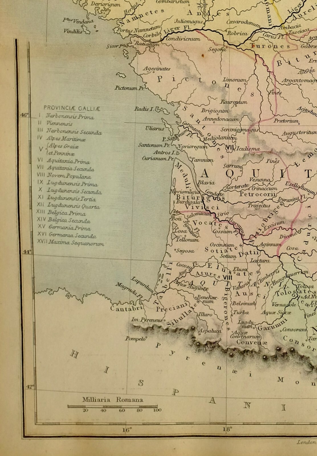 1851 HAND COLOURED ANCIENT MAP GALLIA AQUITANIA LUGDUNENSIS NARBONENSIS ...