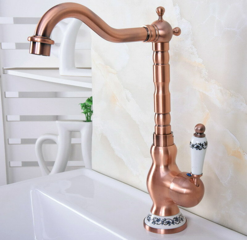 Red Copper Swivel Spout Single Hole Bathroom Sink Mixer Tap Vanity ...