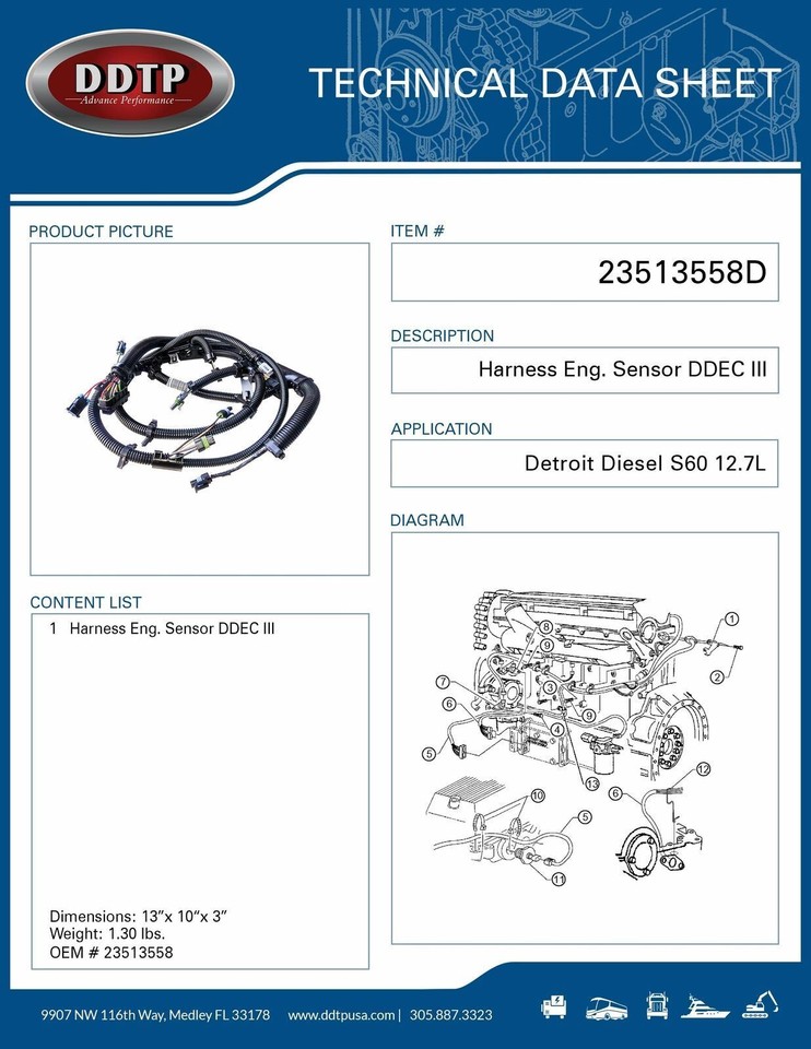 Harness Eng. Sensor Detroit Diesel DDEC III S60 12.7L (23513558) | eBay