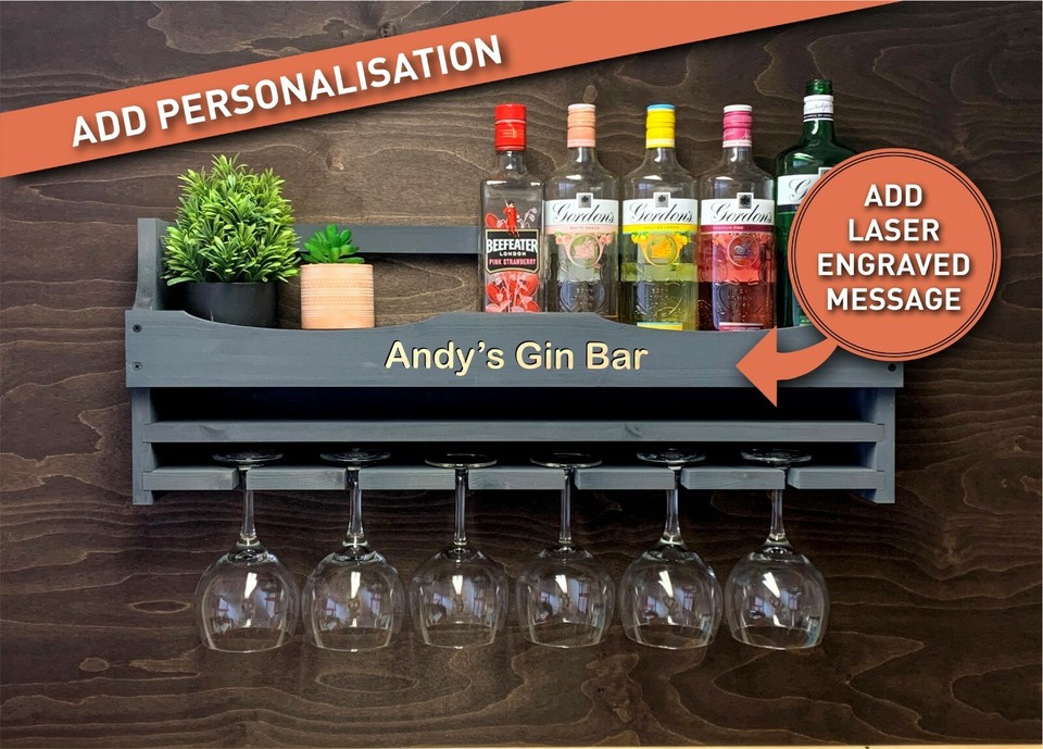 Wine Rack Grey Gin Rack Shelf Home Bar - Bottle & 6 Gin Glass Holder ...