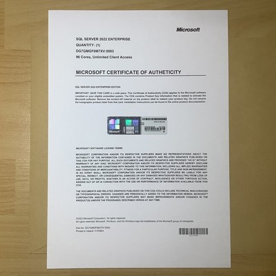 Microsoft SQL Server 2022 Enterprise 96 Core unlimited CALs CoA ...