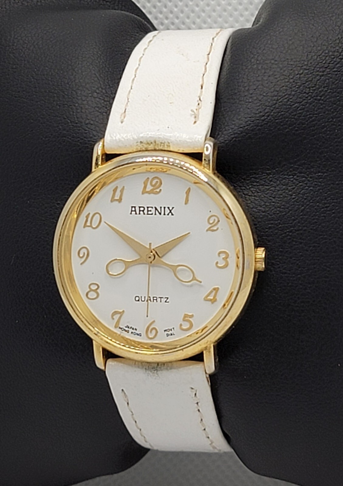 Ladies Arenix Gold Tone Hairdresser Scissor Dial White Leather Band ...