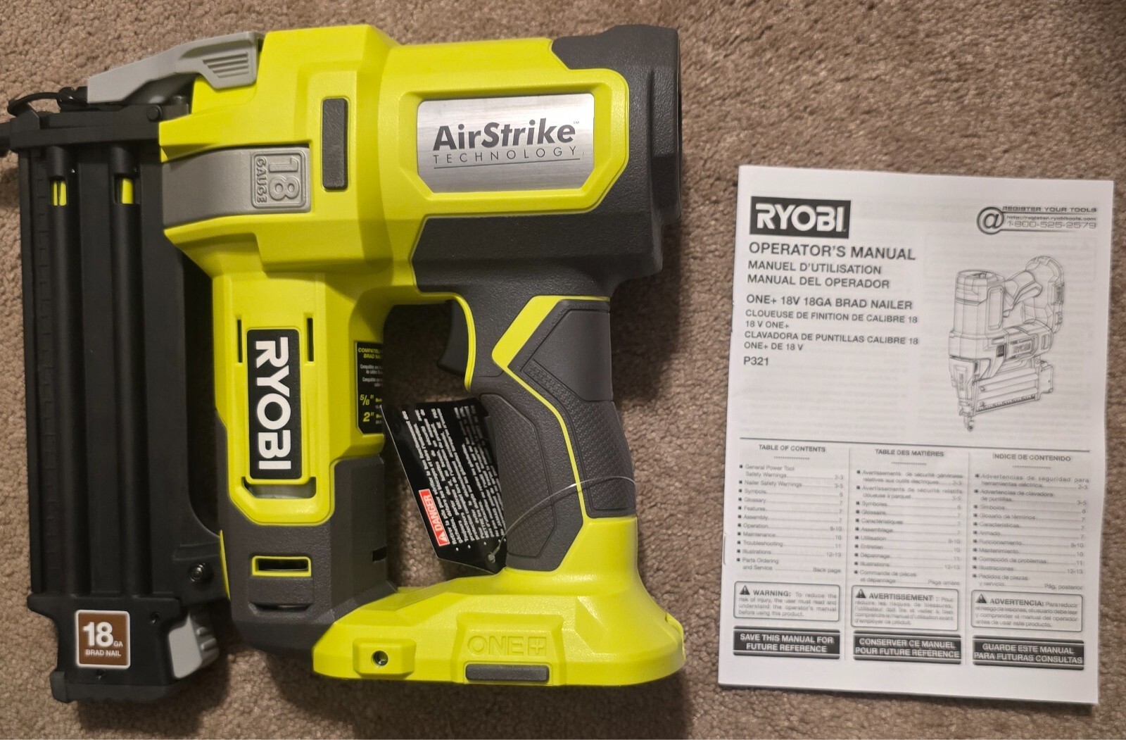 RYOBI P321 ONE+ 18V 18-Gauge Cordless AirStrike Brad Nailer (Tool Only ...