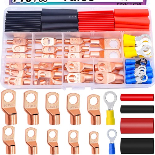 110PCS Copper Wire Lugs,battery lugs AWG 2/4/6/8/10/12/14/16 Gauge ...