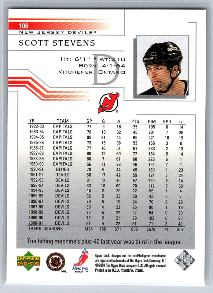 # 106 Scott Stevens New Jersey Devils 2001-02 Upper Deck | eBay