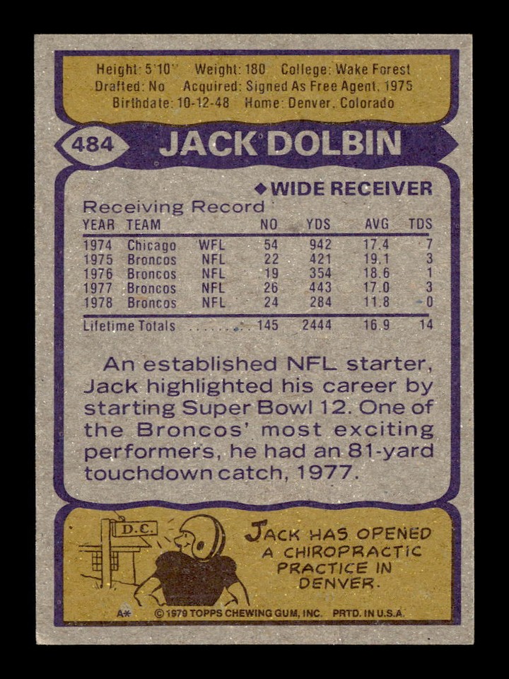 1979 Topps #484 Jack Dolbin Denver Broncos EX+ Football Card *I594 | eBay