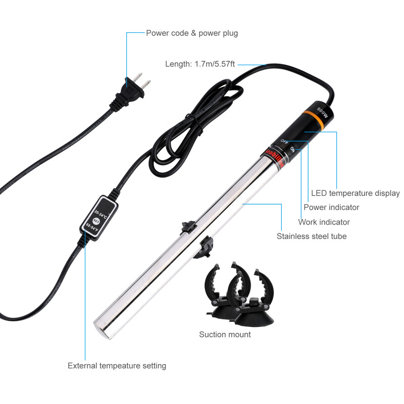 500W Watts Stainless Steel Aquarium Heater LED Submersible Fish Tank ...