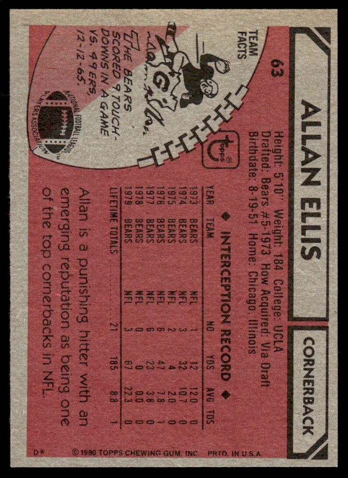 1980 Topps Allan Ellis Chicago Bears #63 | eBay