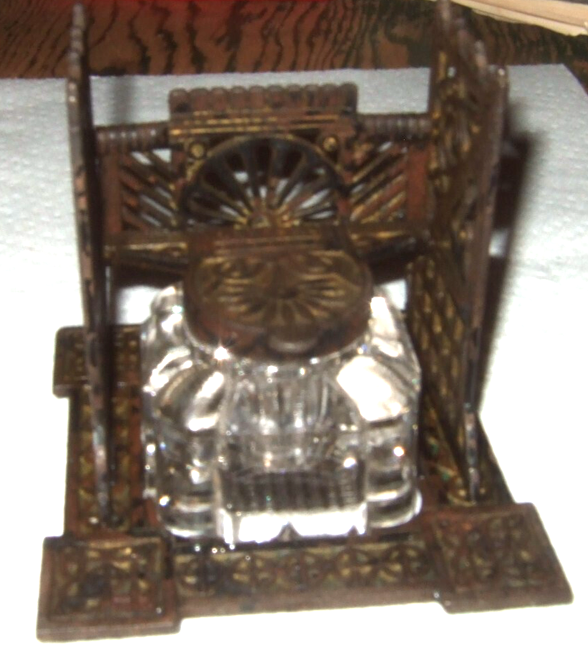 Antique Victorian Cast Iron Glass Inkwell Pen Racks Estate Heirloom | eBay