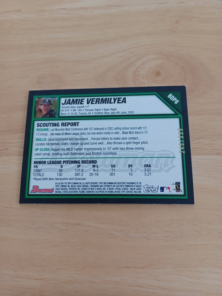 2007 Bowman Draft Blue Jamie Vermilyea #BDP8 Rookie RC #rd /399 Blue ...