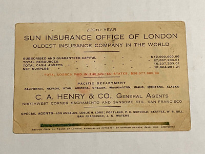 Sun Insurance Office of London Card 200th Year 1910 | eBay