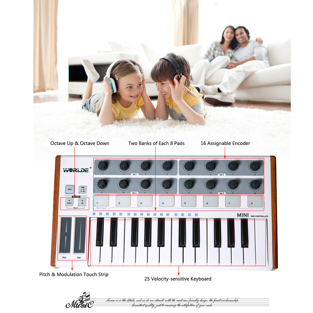 WORLDE MINI USB MIDI Keyboard 25 Note Velocity-Sensitive Controller ...
