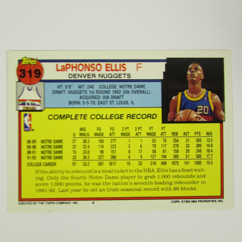 LaPhonso Ellis NBA Basketball Card (Denver Nuggets) 1992-93 Topps # 319 ...