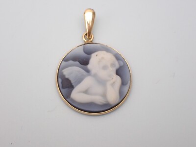 Thinking Angel Cherub Pendant Agate & 14K Yellow Gold Pendant 7/8" 1.2g ...