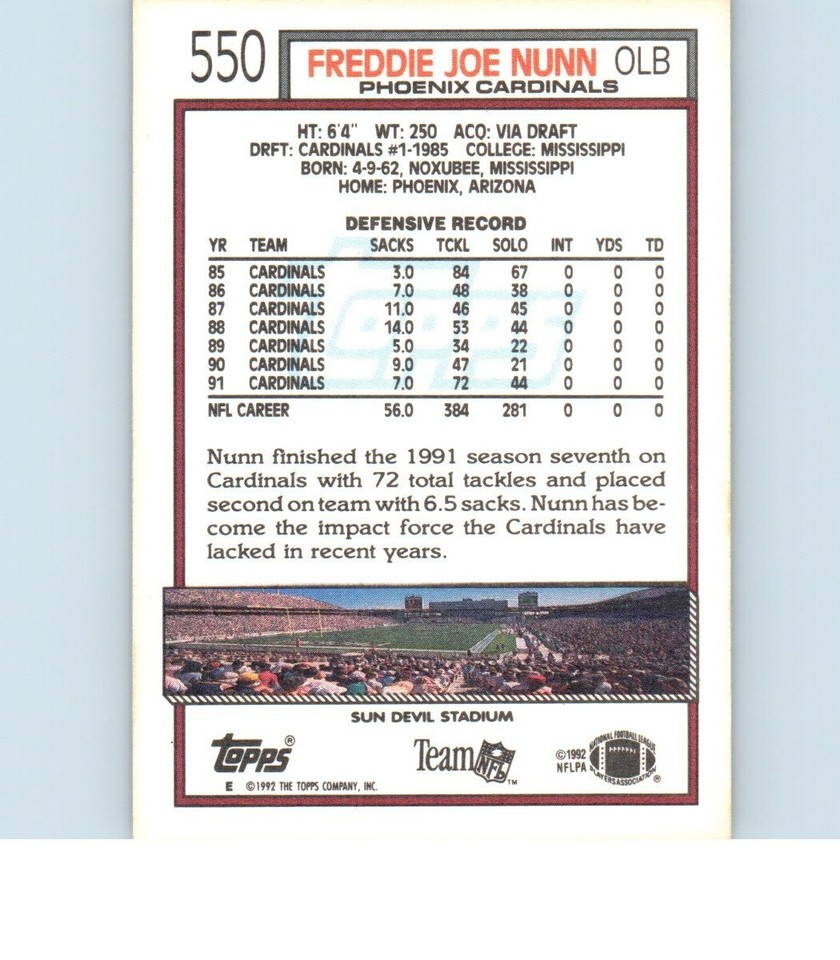 Freddie Joe Nunn 550 Cardinals 1992 Topps NFL Football Trading Card | eBay
