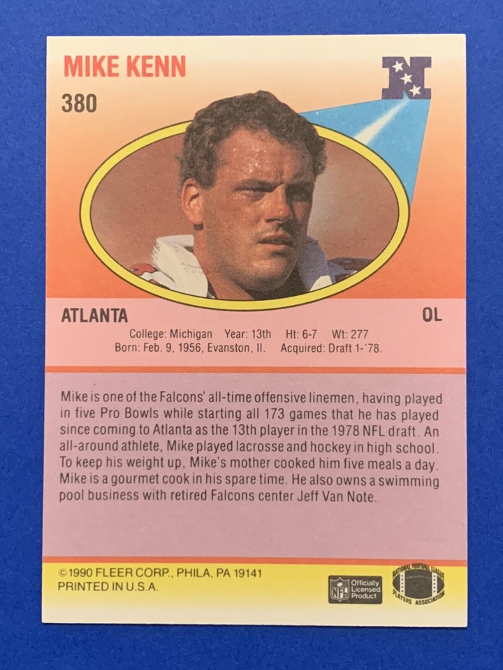MIKE KENN Signed 1990 Fleer #380 Falcons Michigan Wolverines Autograph ...