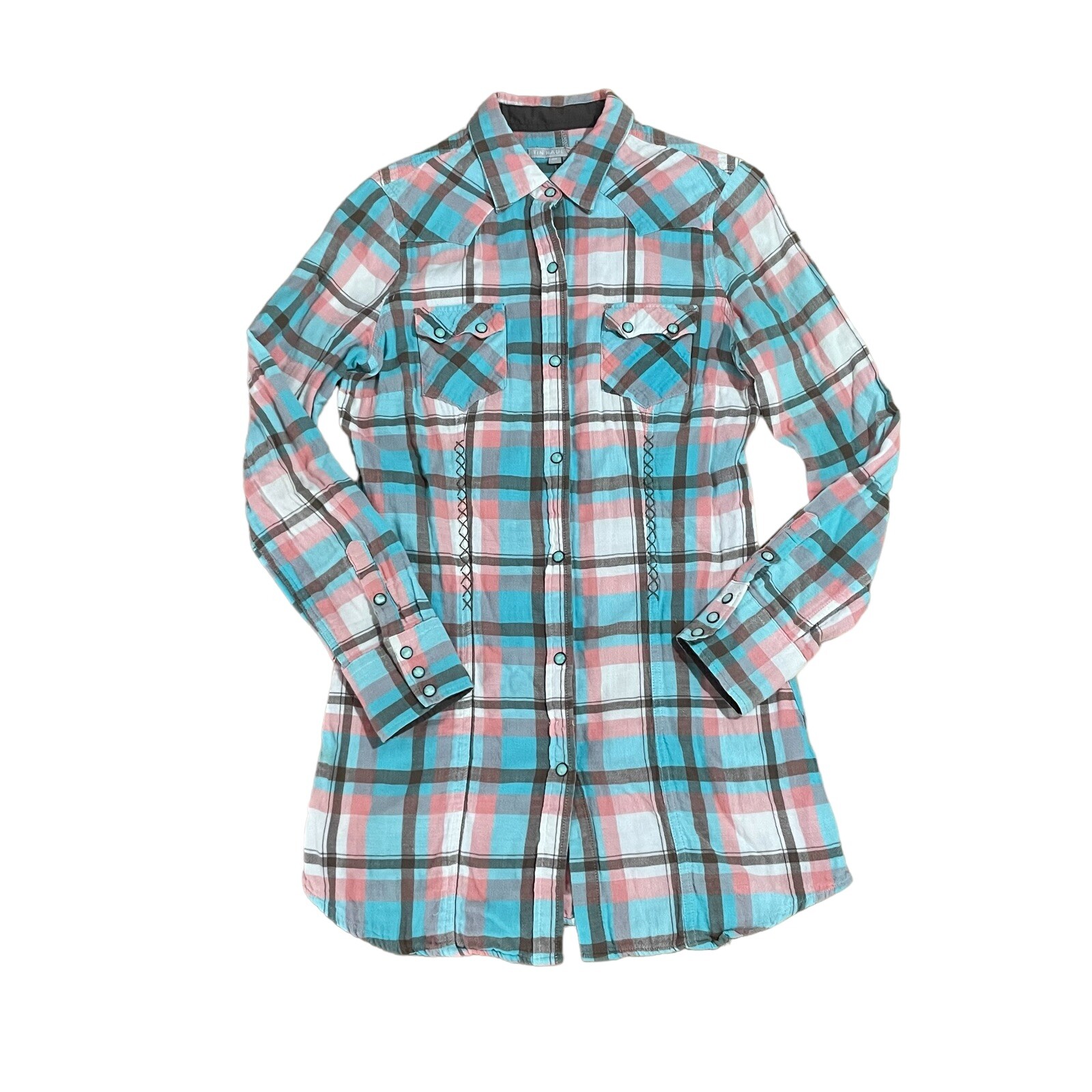 Womens Tin Haul Plaid Flannel Blue Pink Pearl Snap Shirt Medium blue ...