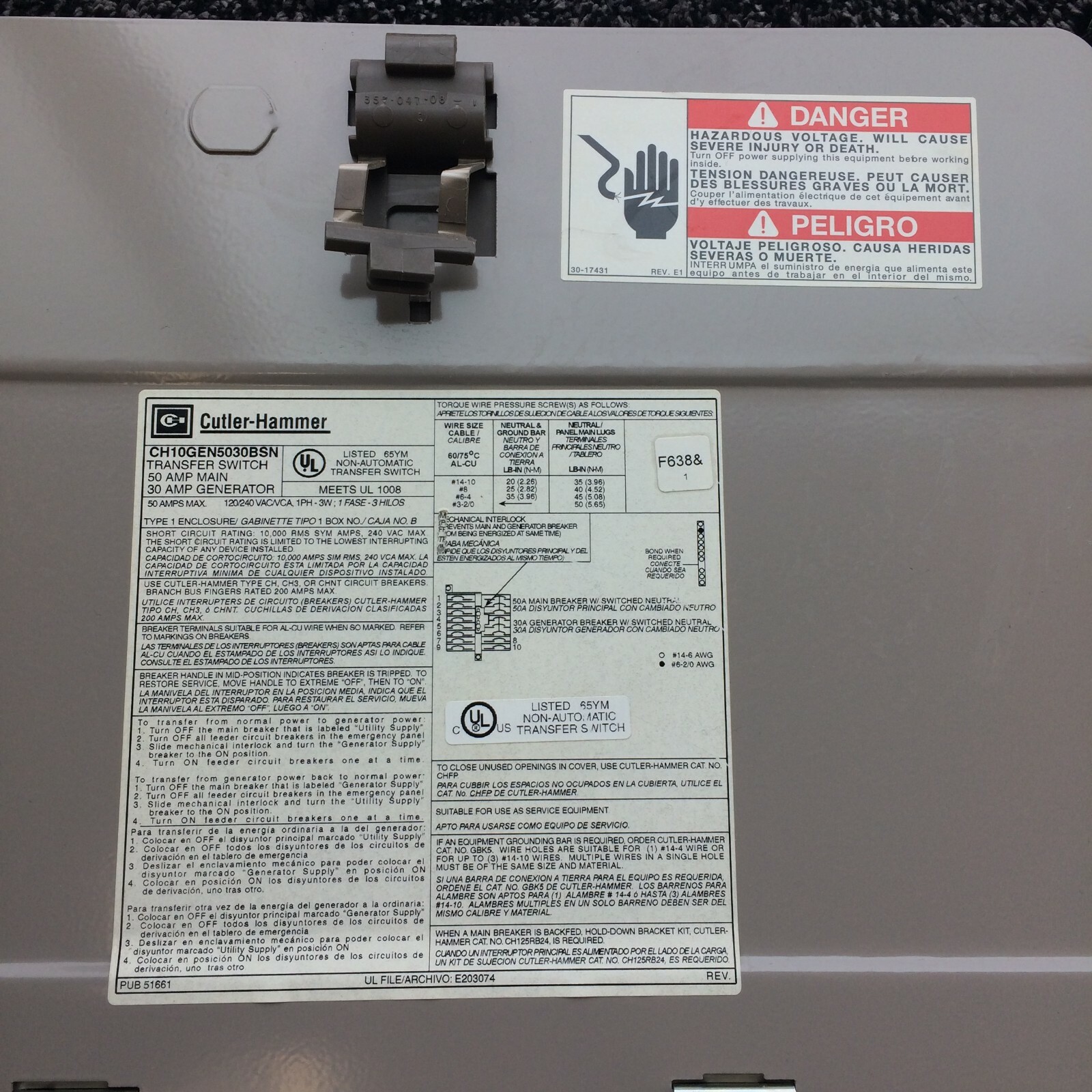 EATON CH10GEN5030BSN MANUAL TRANSFER SWITCH Panel Box | eBay