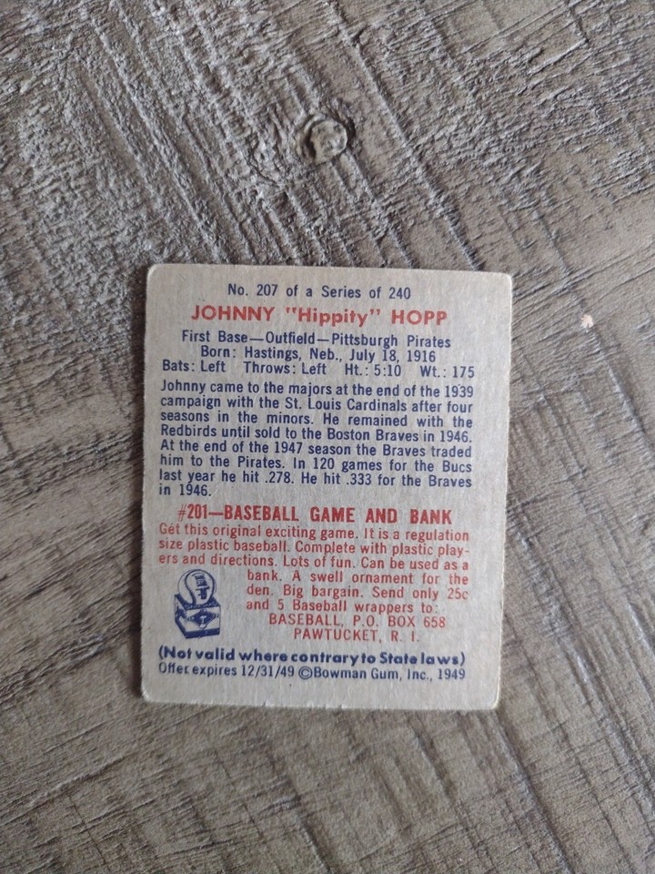 1949 Bowman Baseball #207 Johnny Hopp Rookie Pittsburgh Pirates No ...