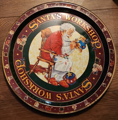 Vintage Christmas Tin Metal Holiday Tray, Santa’s Workshop Red Black | eBay