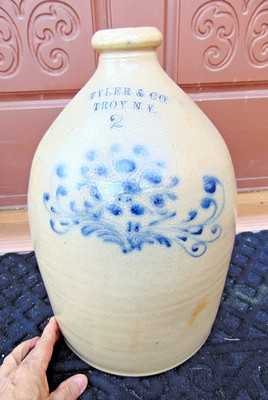 TROY N.Y. Vintage Salt Glaze Stoneware Jug COBALT BRUSH Design POTTERY ...