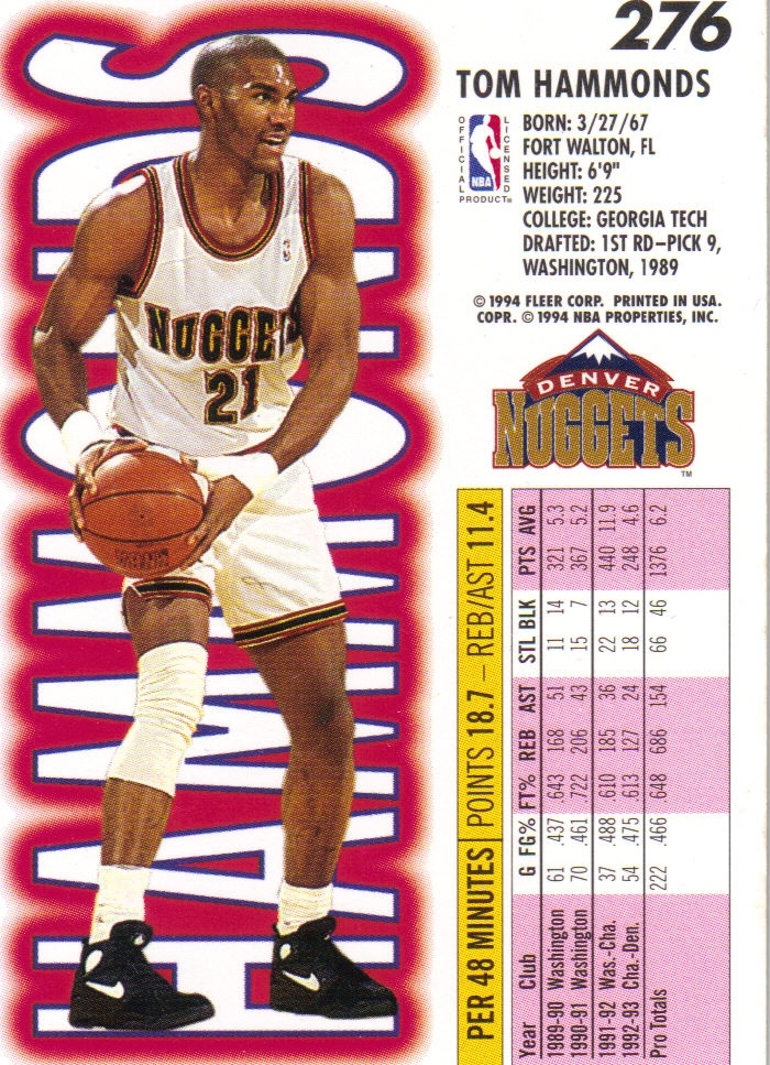 1993-94 Fleer #276 Tom Hammonds Denver Nuggets Basketball Card Very ...
