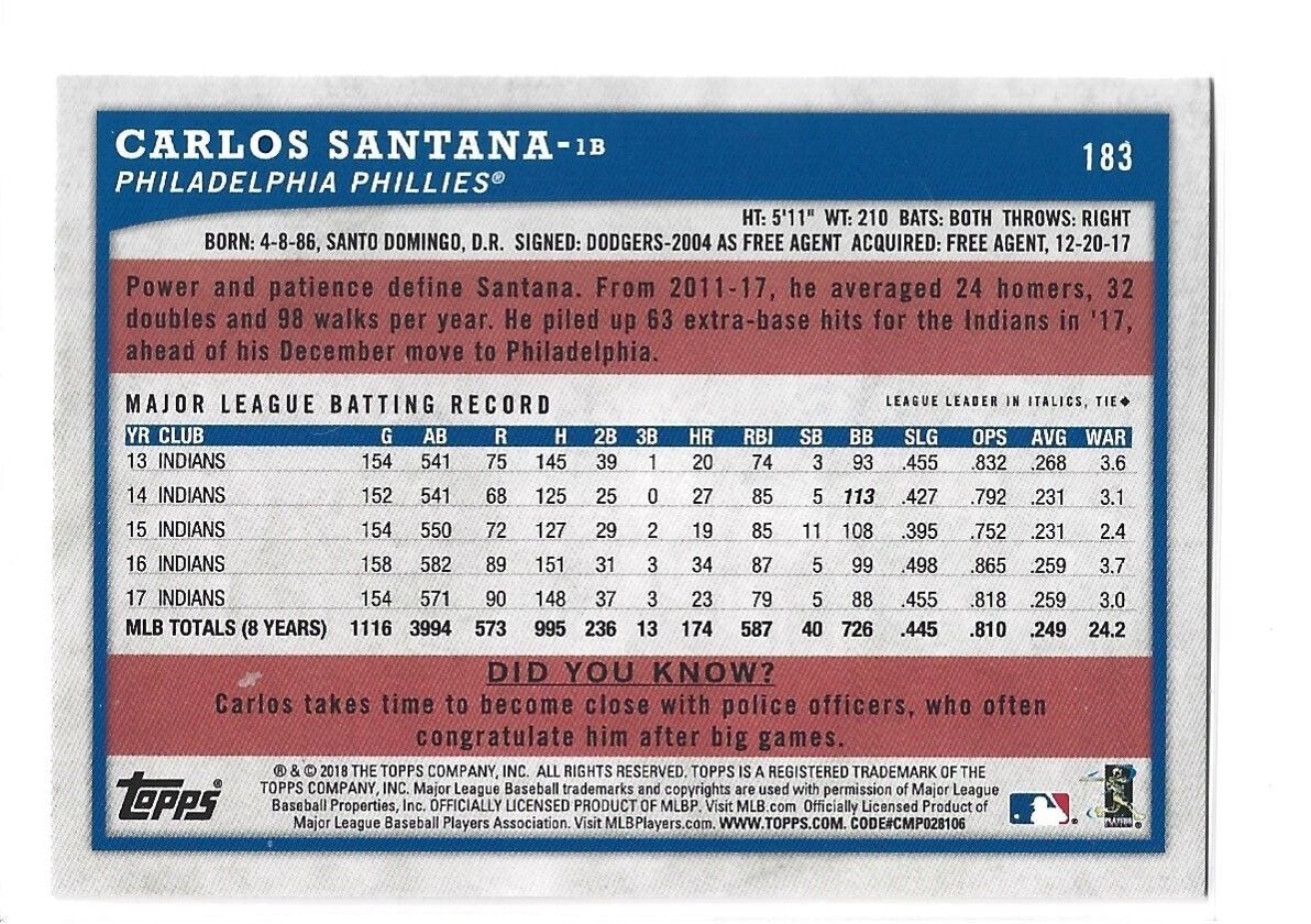 Carlos Santana Phillies 2018 Topps Big League Baseball Gold Card #183 ...