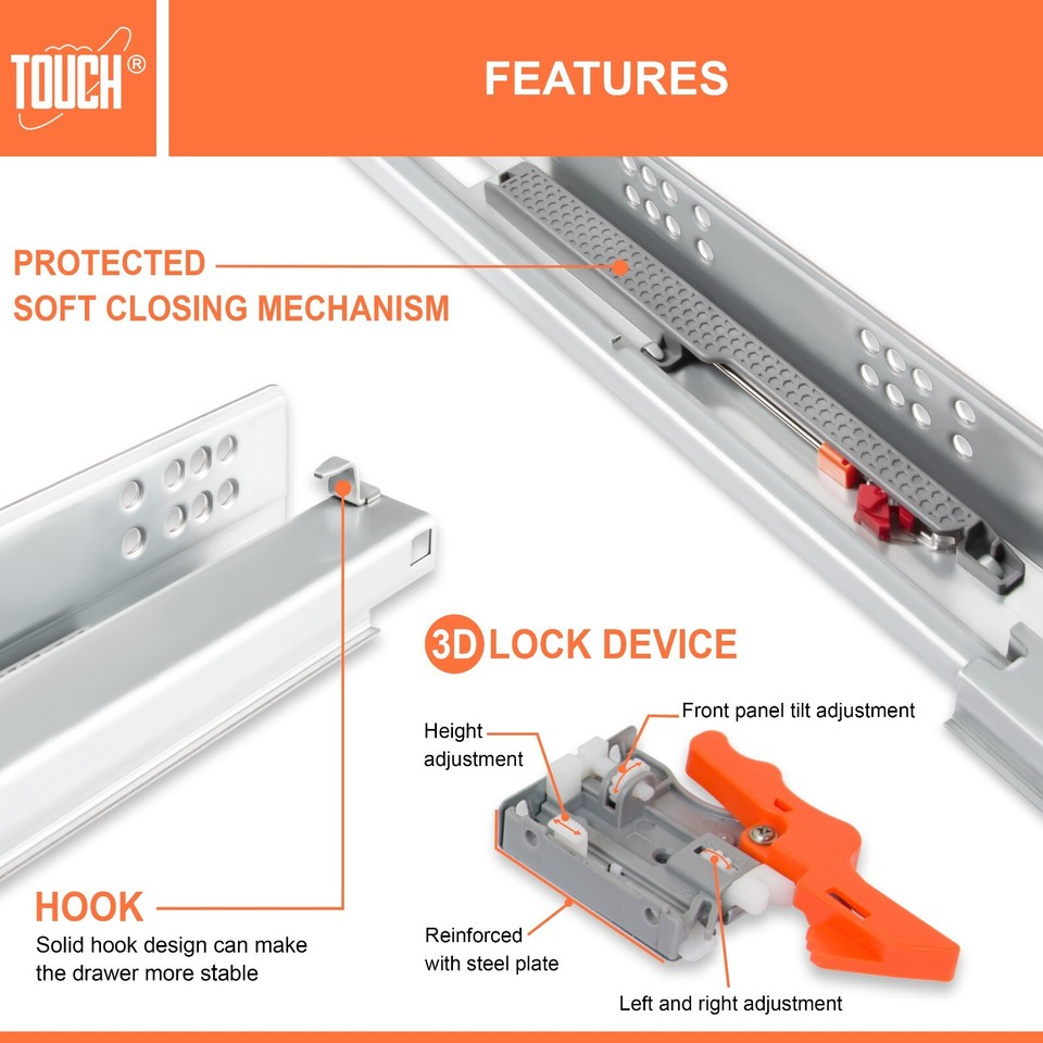 Undermount Drawer Slides Soft Close 12 15 18 & 21 inch For 1/2-5/8 ...