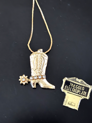 Diamond Cut Cowboy Boot 24k Gold Plate Pendant & Chain Necklace Crystal ...