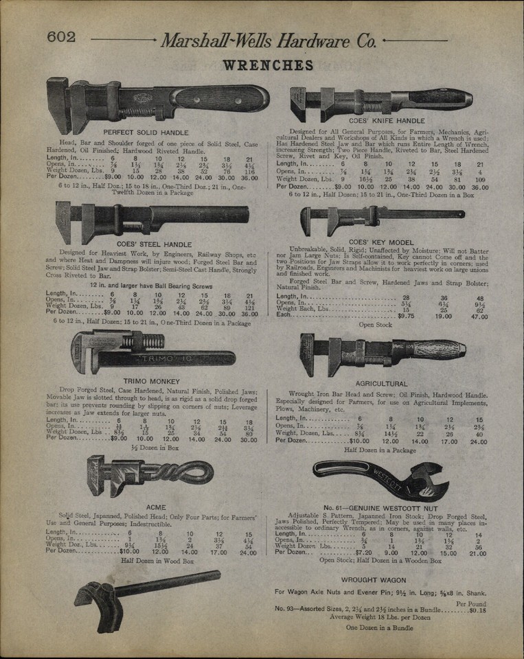 1912 PAPER AD Wrench Long Short Nut Combination Ratchet Coes Westcott ...