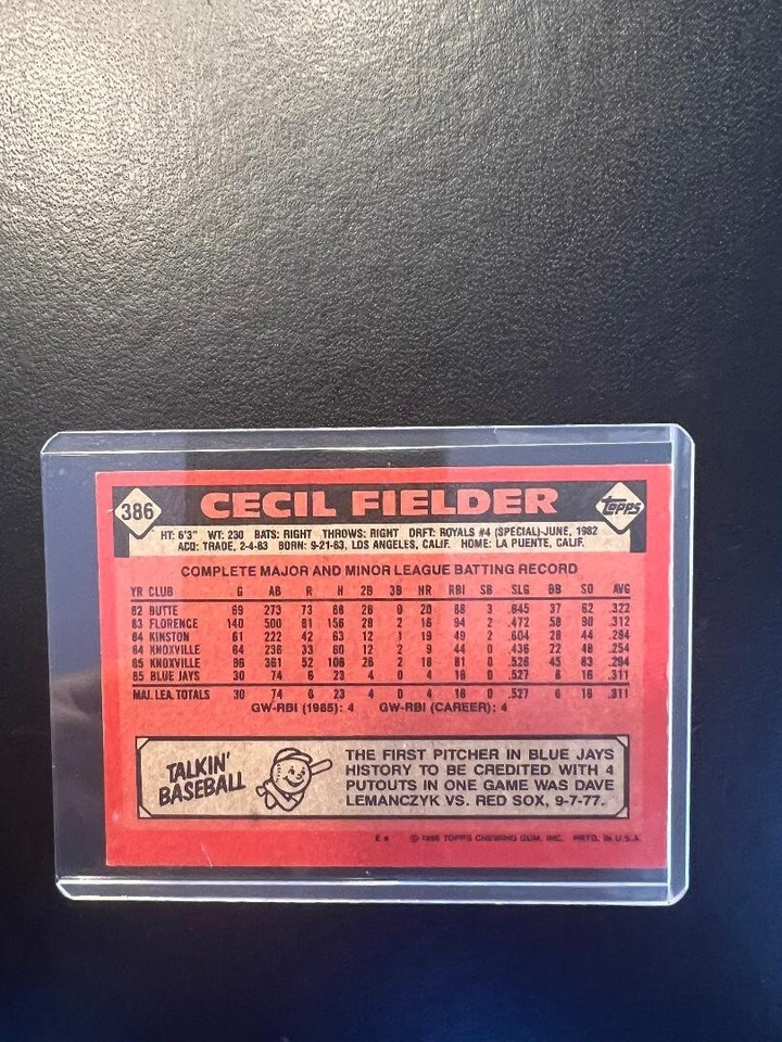1986 Topps Cecil Fielder #386 Rookie Card RC Toronto Blue Jays New York ...