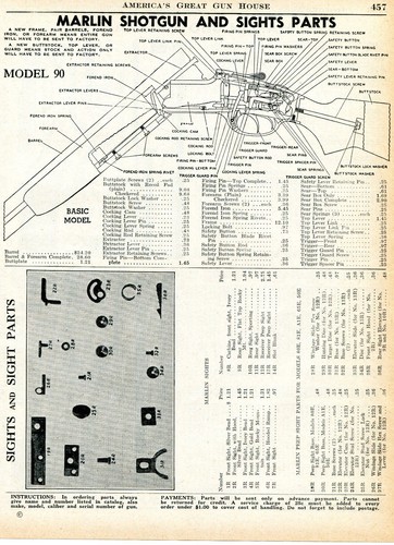 1945 Print Ad of Marlin 90 Basic Model Shotgun Parts List cutaway view ...