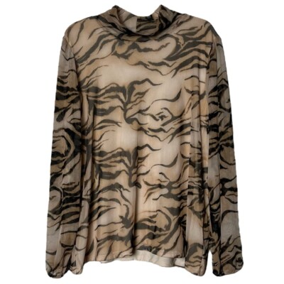 Chico’s Tiger Print Mesh Top Blouse Mock Neck Bishop Sleeves Sheer ...