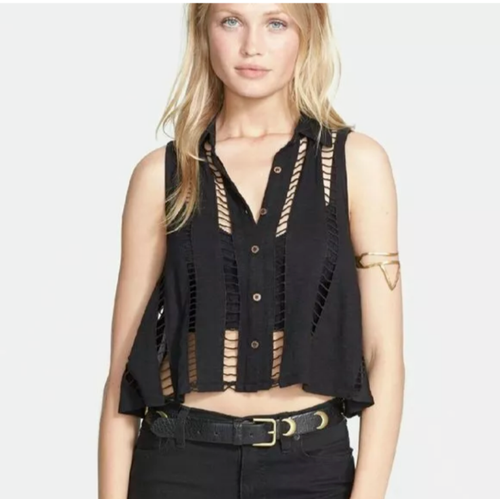 Free People Black Button Up Crop Tank Top Size Medium | eBay