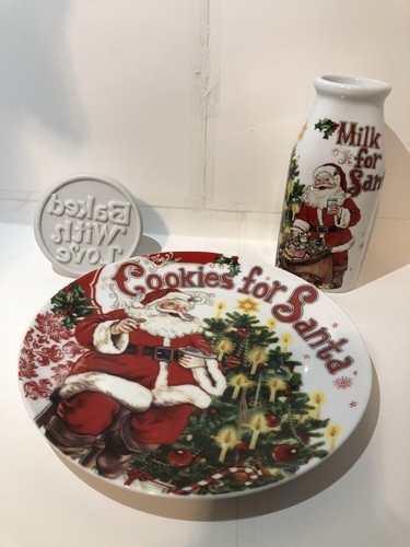 Futz & Floyd Cookies For Santa Plate With Milk Bottle & Cookie Press ...