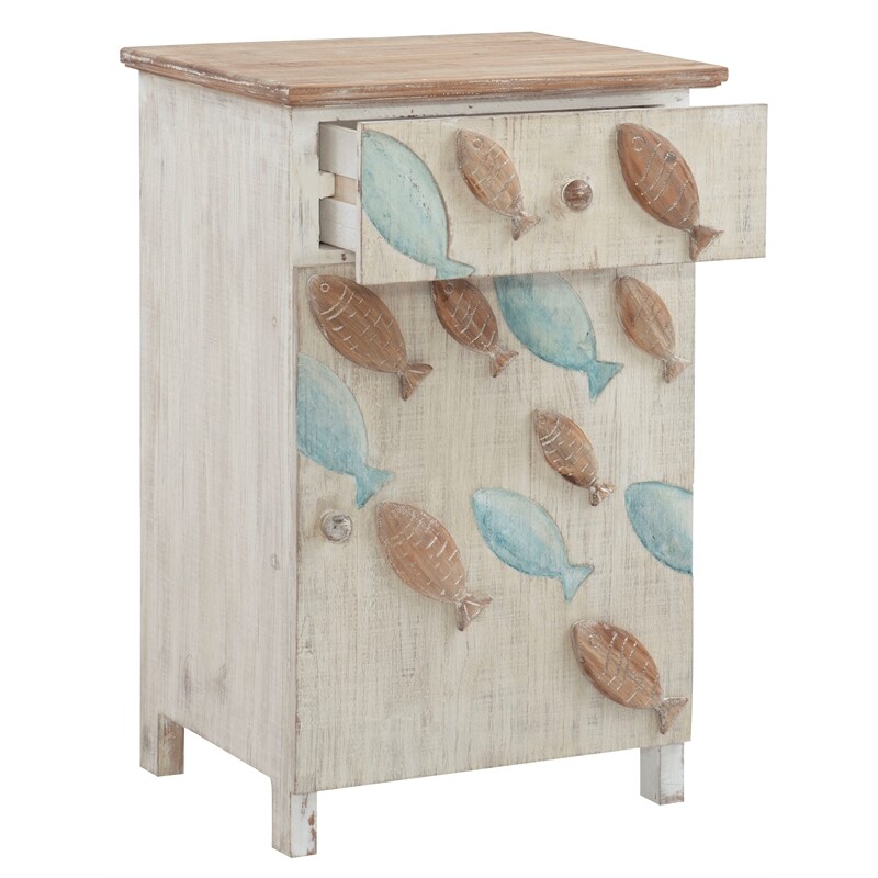 Pemberly Row Carved Fish Wood Storage End Table in Distressed White ...