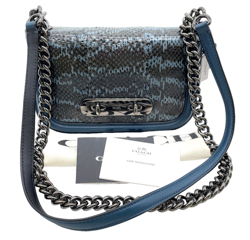 Auth Coach Swagger 20 Snakeskin Black Blue TurnLock Chain Shoulder Bag ...