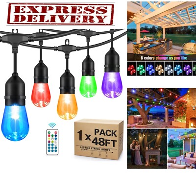 Outdoor String Lights 48FT RGB 15 S14 Bulbs Waterproof Dimmabl Patio ...
