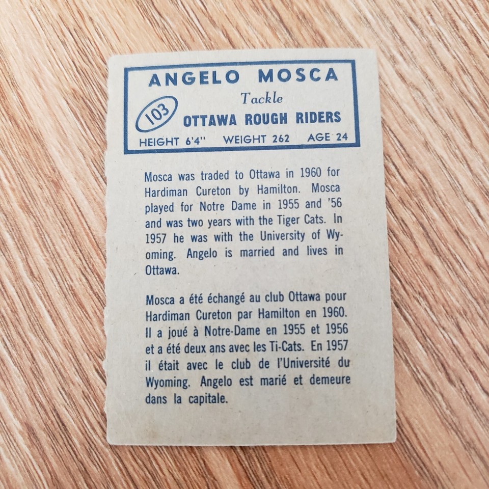 ANGELO MOSCA 1962 Topps CFL Football card #103 Ottawa Rough Riders EX ...