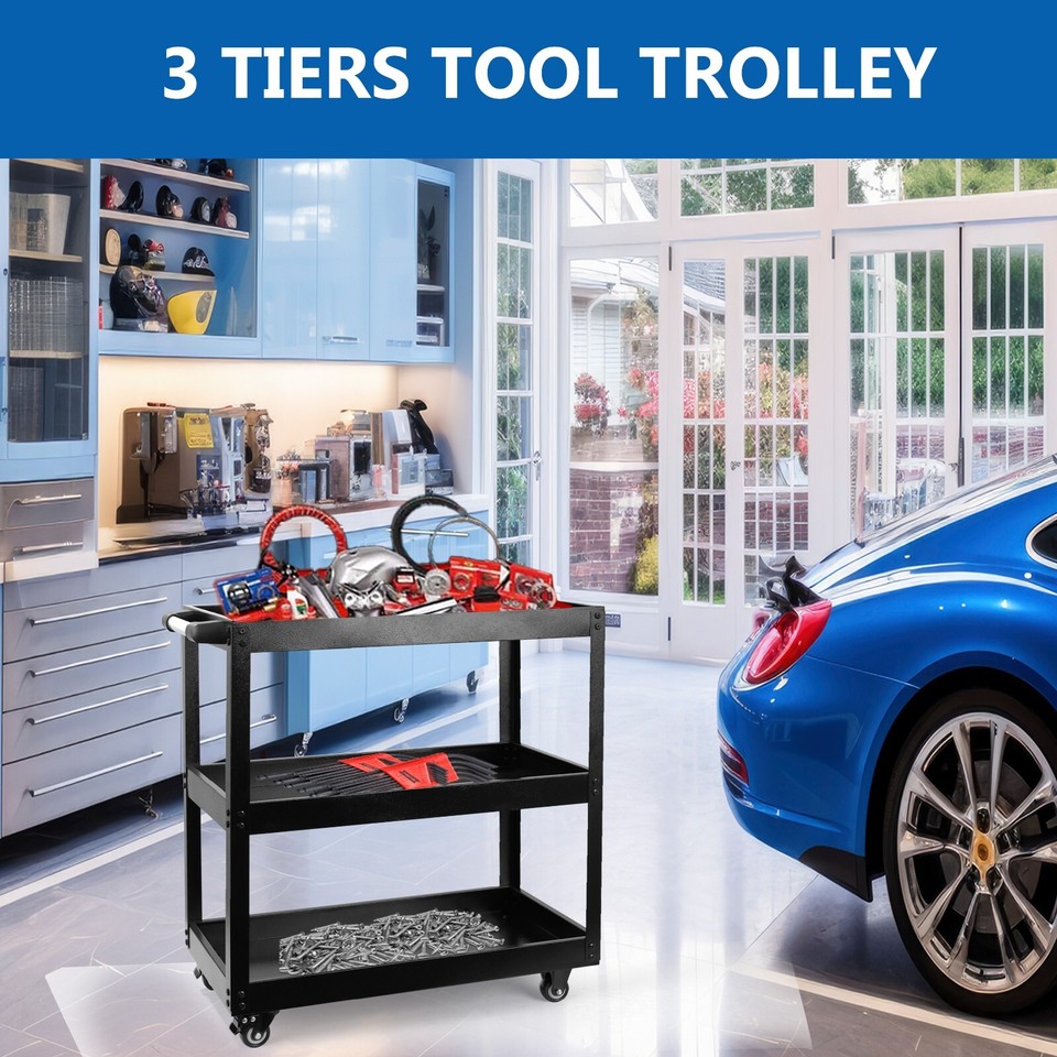 Tool Storage Heavy Duty Garage Trolley Workshop 3 Tier Wheel Cart DIY ...