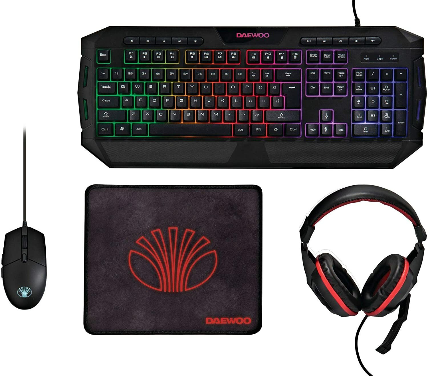 Daewoo 4 in 1 Wired LED Gaming Keyboard Mouse Headset & Mat Bundle PC ...