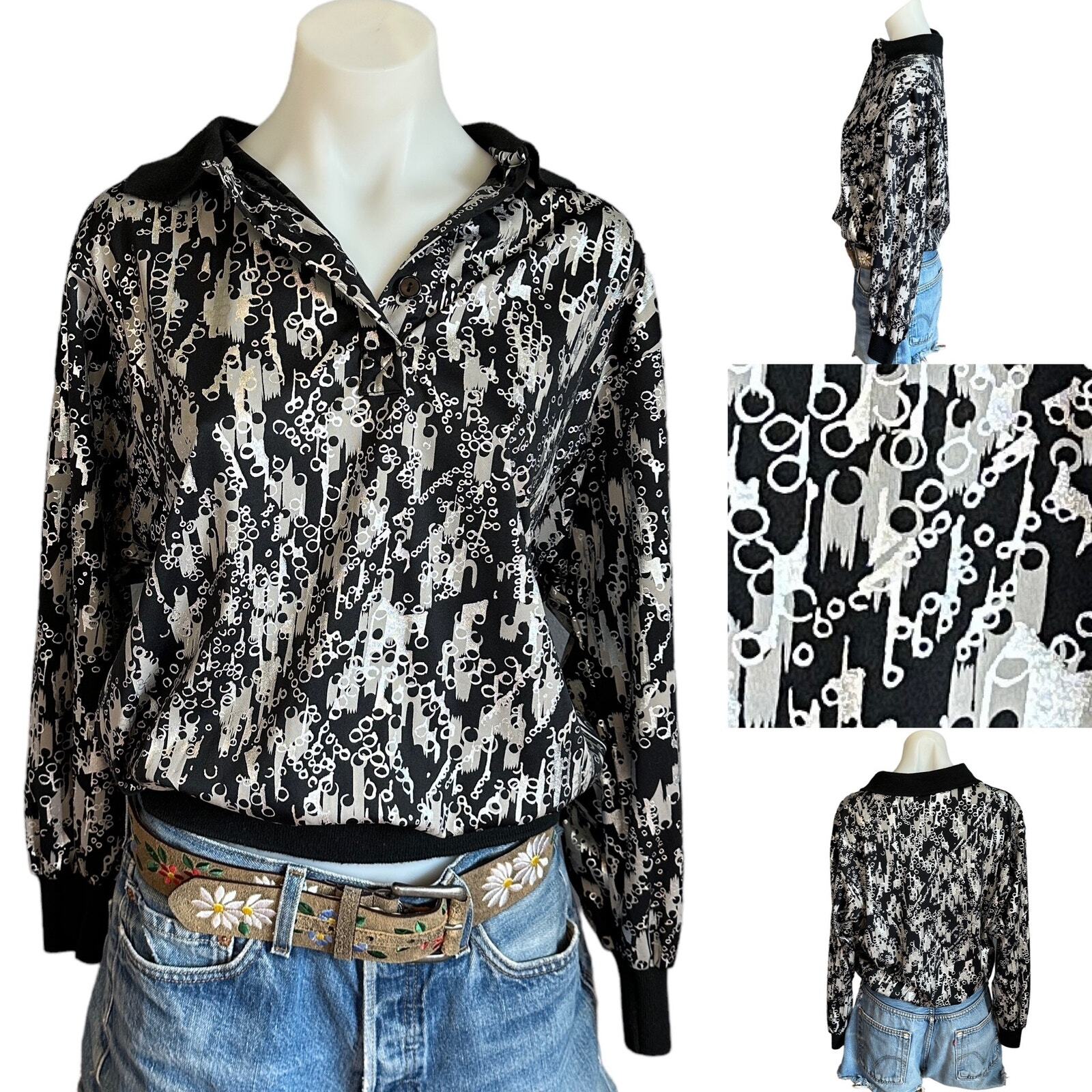 80s Hip Hop Metallic Silver Black Polo Top Super Over… - Gem