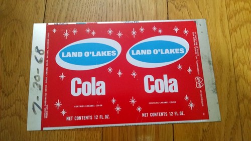 LAND O' LAKES COLA ~ 12 FL OZ 1968 FULL SIZE SODA CAN FLAT SHEET ...